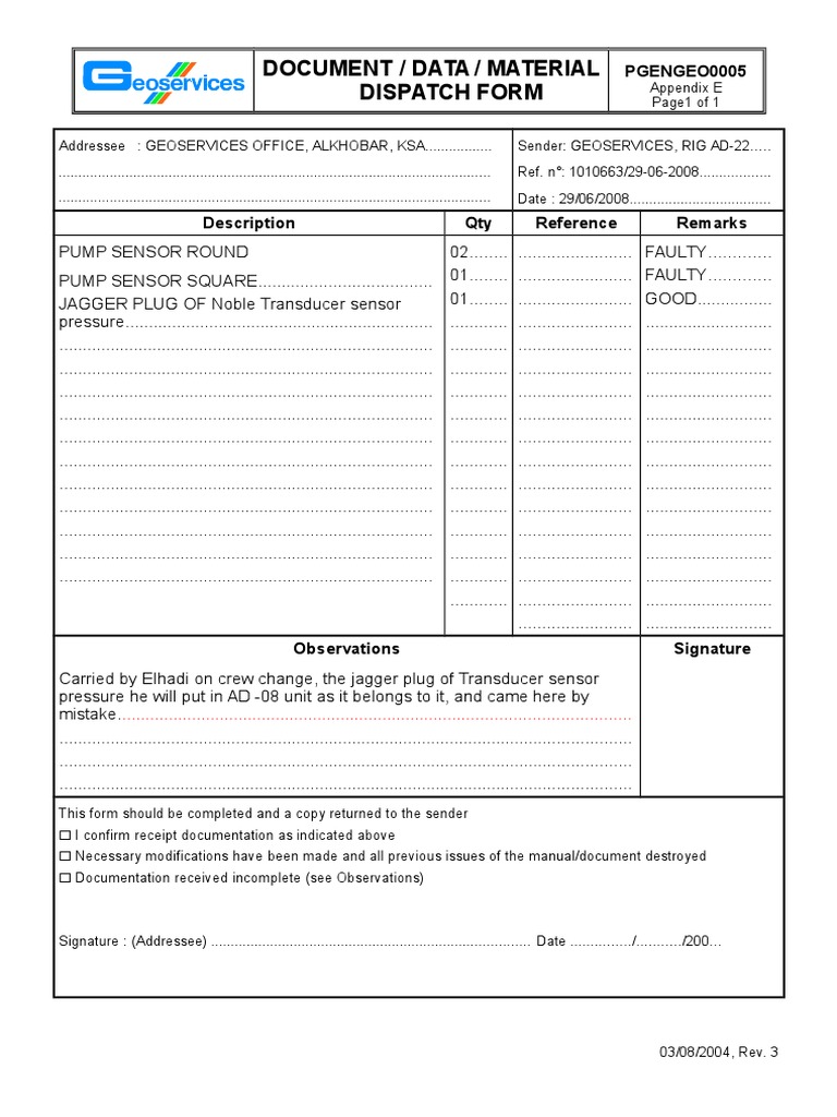 Document / Data / Material Dispatch Form: PGENGEO0005 | PDF