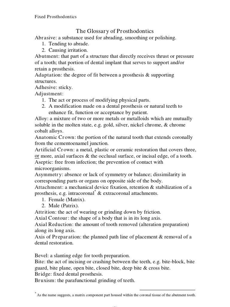 Glossary of Fixed Prosthodontics Terms | PDF | Dental Implant | Dentures