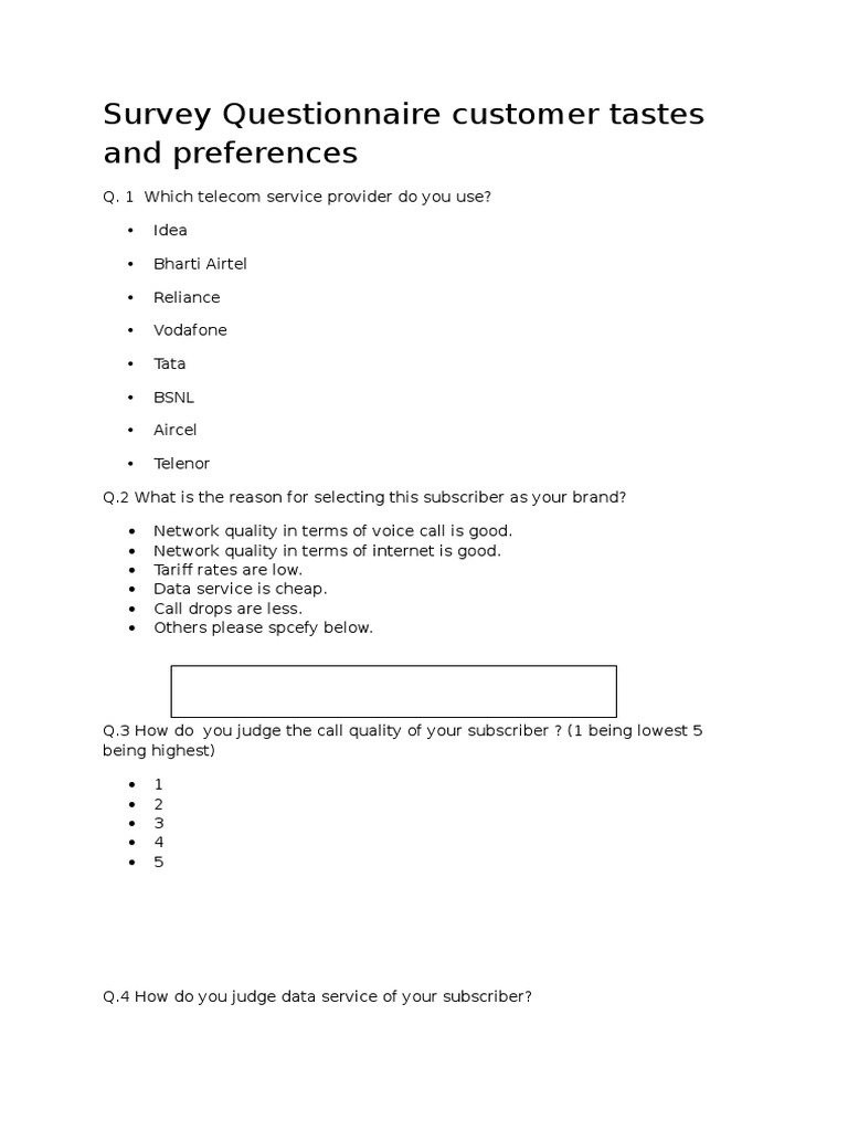 Survey Questionnaire Customer Tastes and Preferences | PDF