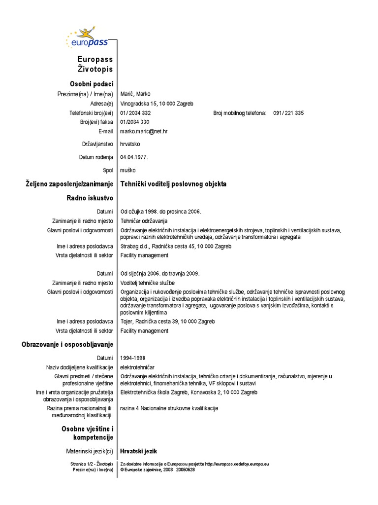 Primjer Europass Životopisa PDF | PDF