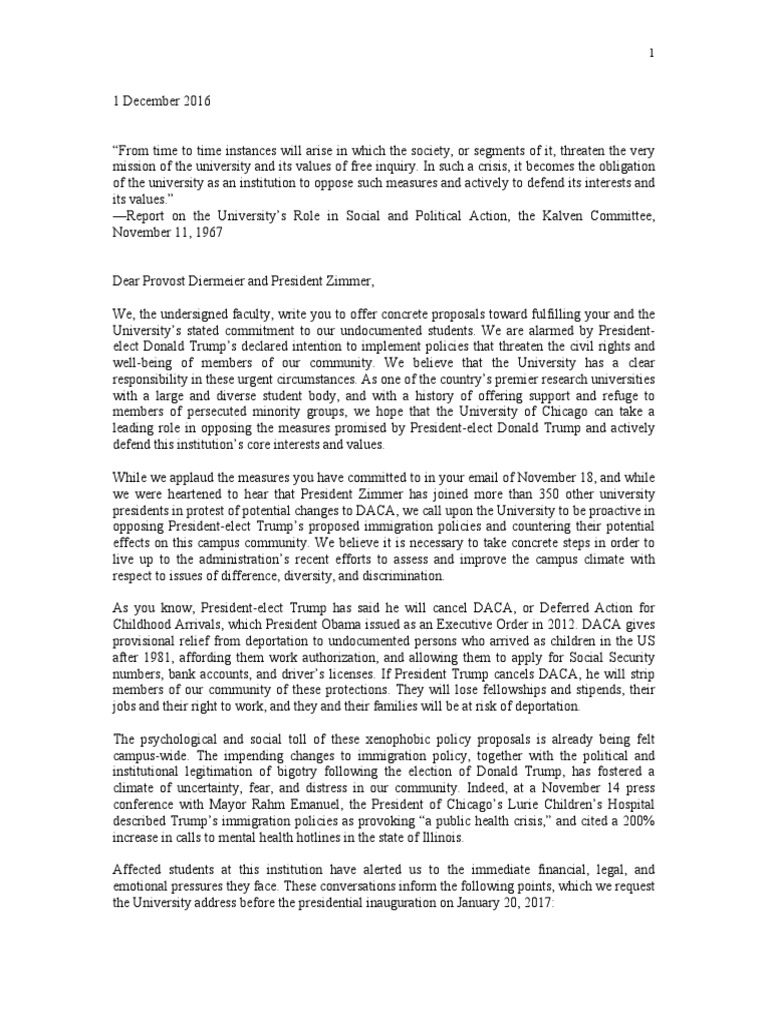 Faculty Letter To Administration Re DACA | PDF