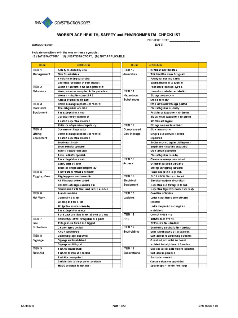 SRC-HSSE-F-02 - Workplace Health Safety and Environment Checklist ...