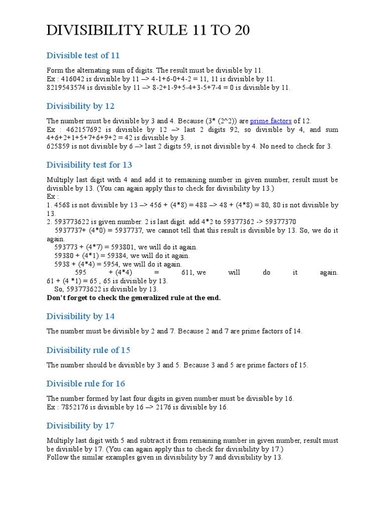 Divisibility Rule 11 To 20 | PDF