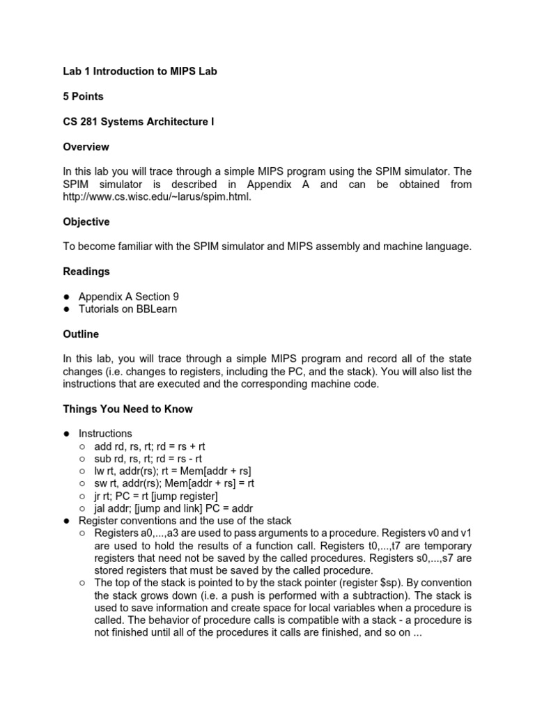 Lab 1 Introduction To MIPS Lab | PDF | Subroutine | Command Line Interface