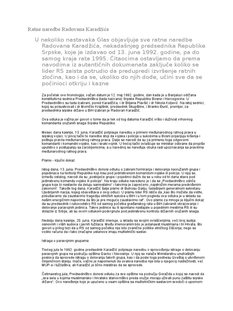 Ratne Naredbe Radovana Karadžića | PDF