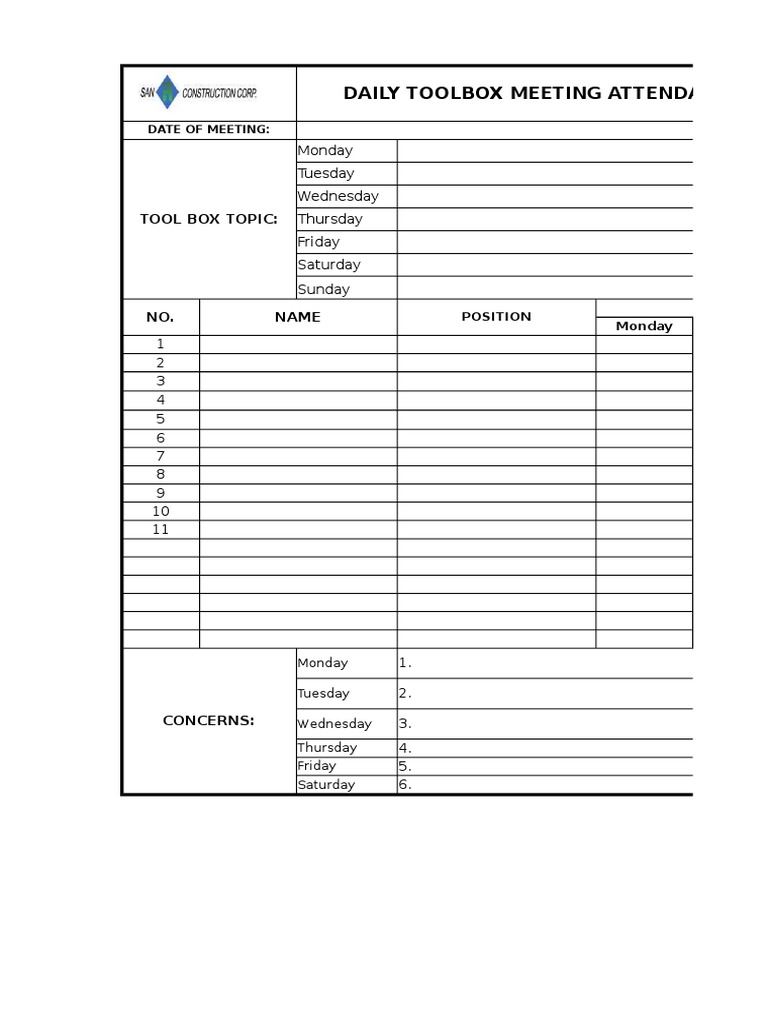 Daily Toolbox Meeting Attendance Sheet | PDF