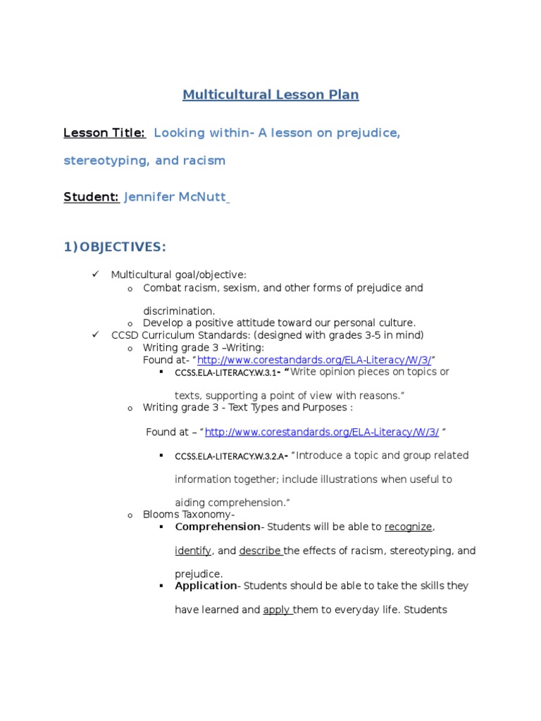 Multicultural Lesson Plan | PDF | Prejudices | Lesson Plan