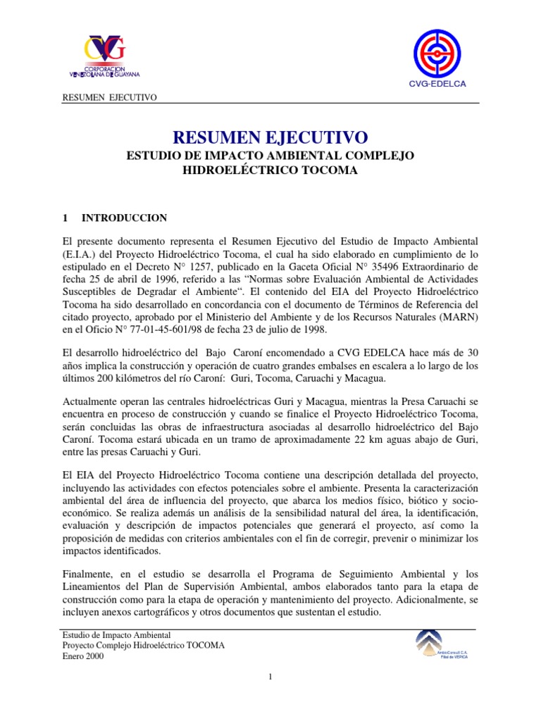 Eia Complejo Hidroelectrico Tocoma Resumen | PDF | Reservorio | Represa
