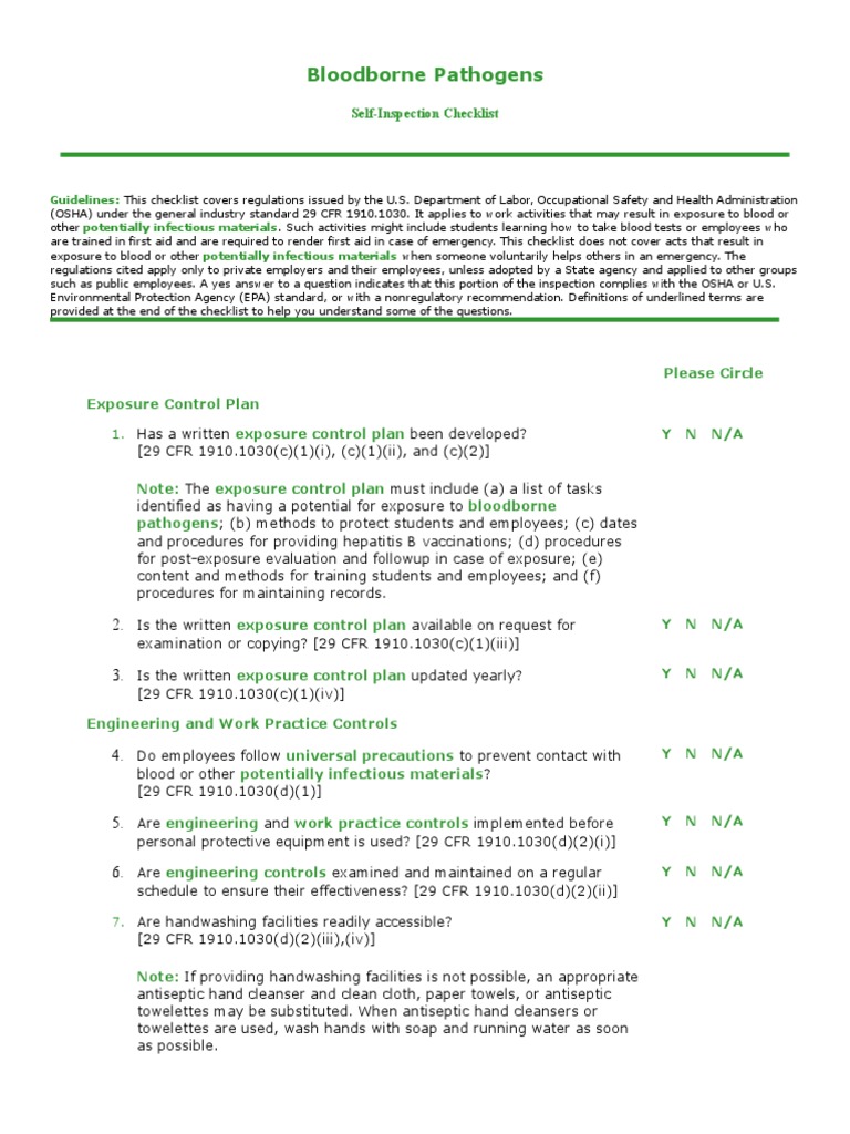 Bloodborne Pathogens OSHA Checklist | PDF | Infection | Personal ...