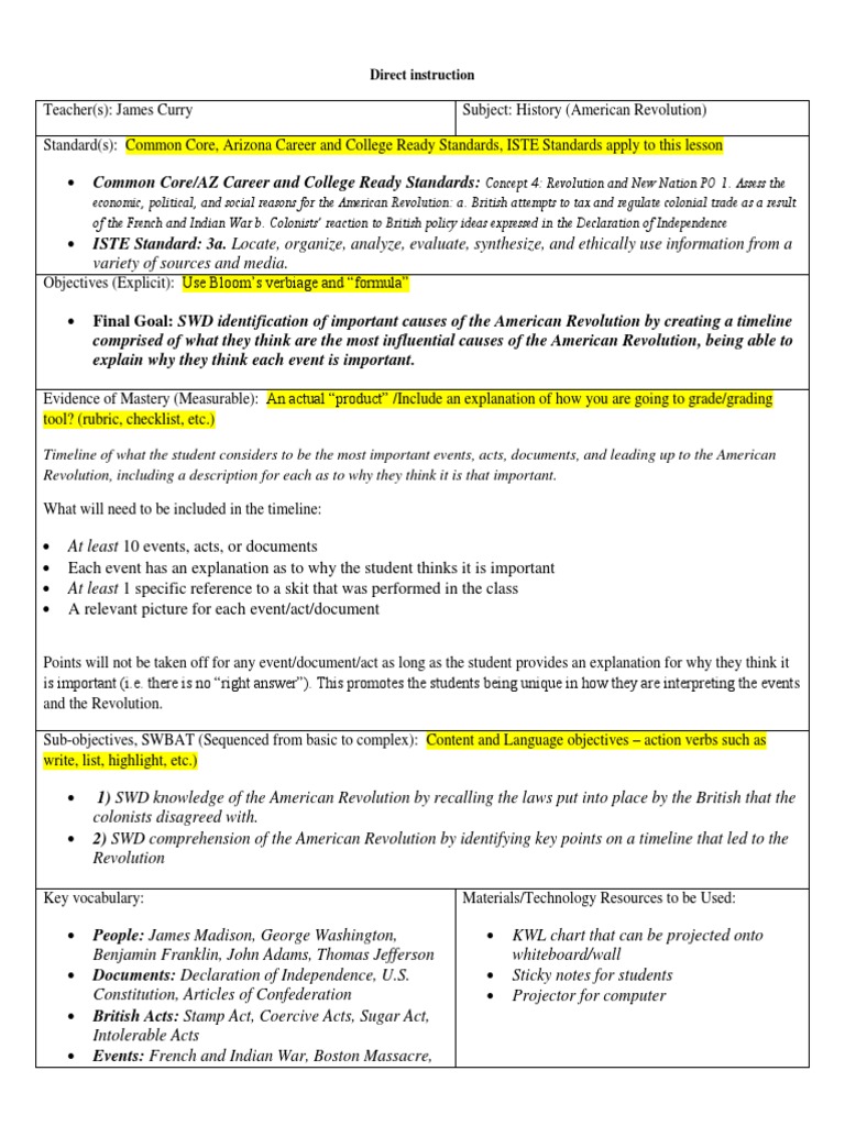 Objectives Lesson Plan 9-29 | PDF | American Revolution | Lesson Plan