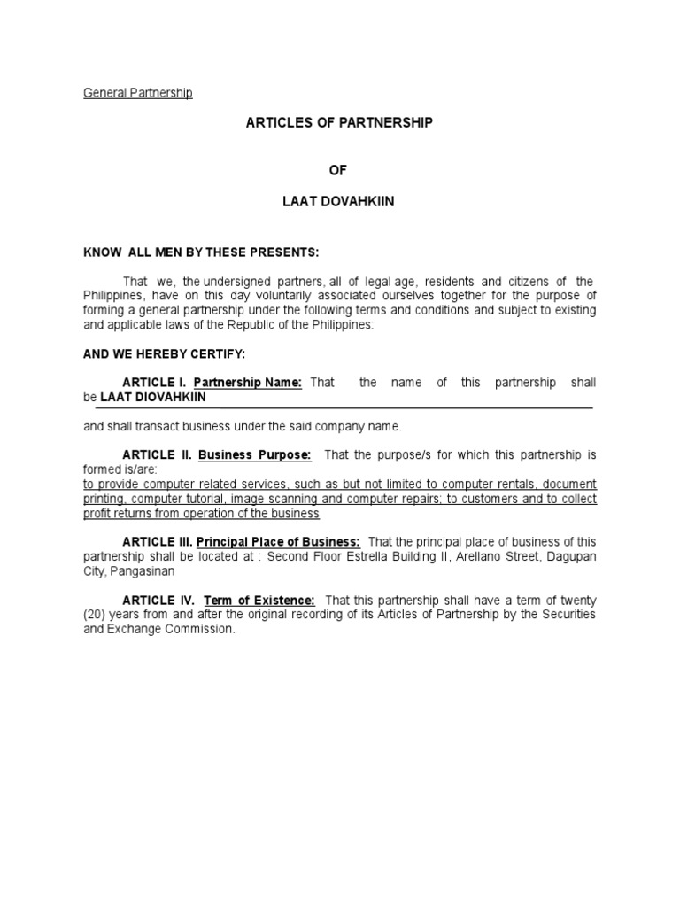 Articles of Partnership for General Partnerships | Partnership ...