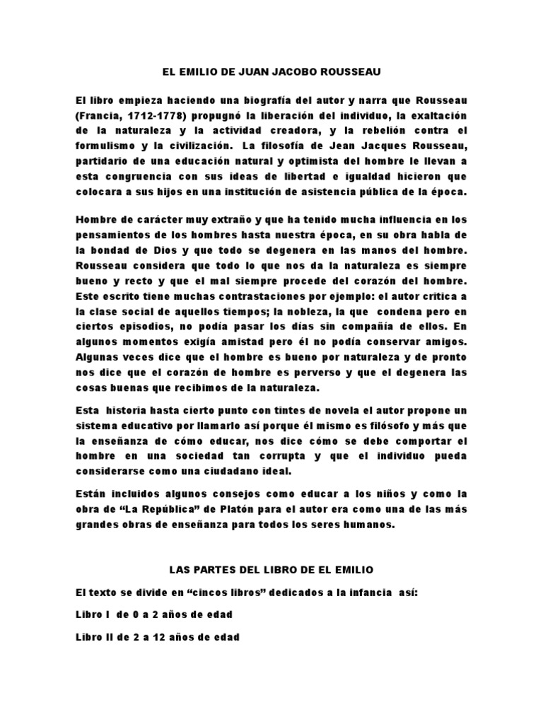 Resumen de "El Emilio" de Rousseau | PDF | Emile, o sobre educación ...