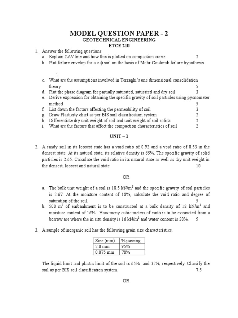 Model Question Paper 2 - Geotechnical Engineering | PDF | Soil | Density