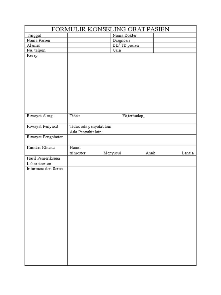 Formulir Konseling Obat Pasien Blank Kosong