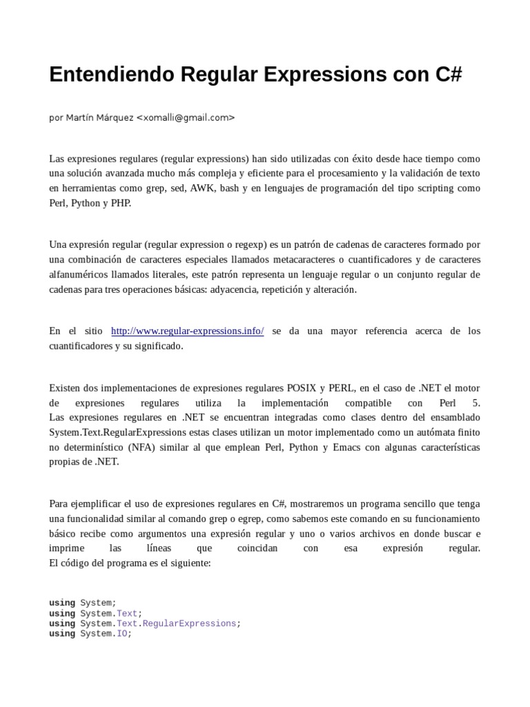 Entendiendo Regular Expressions (Expresiones Regulares) Con C# | PDF ...