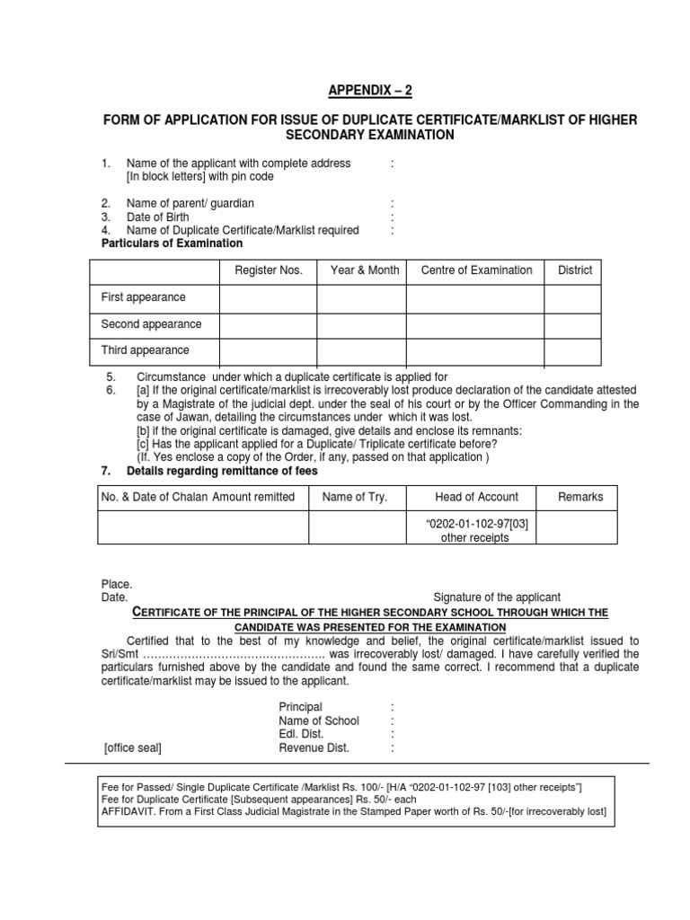Appendix - 2 Form of Application For Issue of Duplicate Certificate/Marklist of Higher Secondary ...