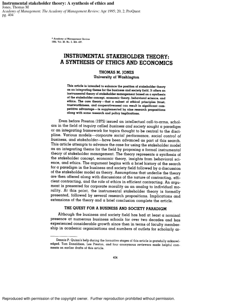Thomas Jones - Instrumental Stakeholder Theory - A Synthesis of Ethics ...