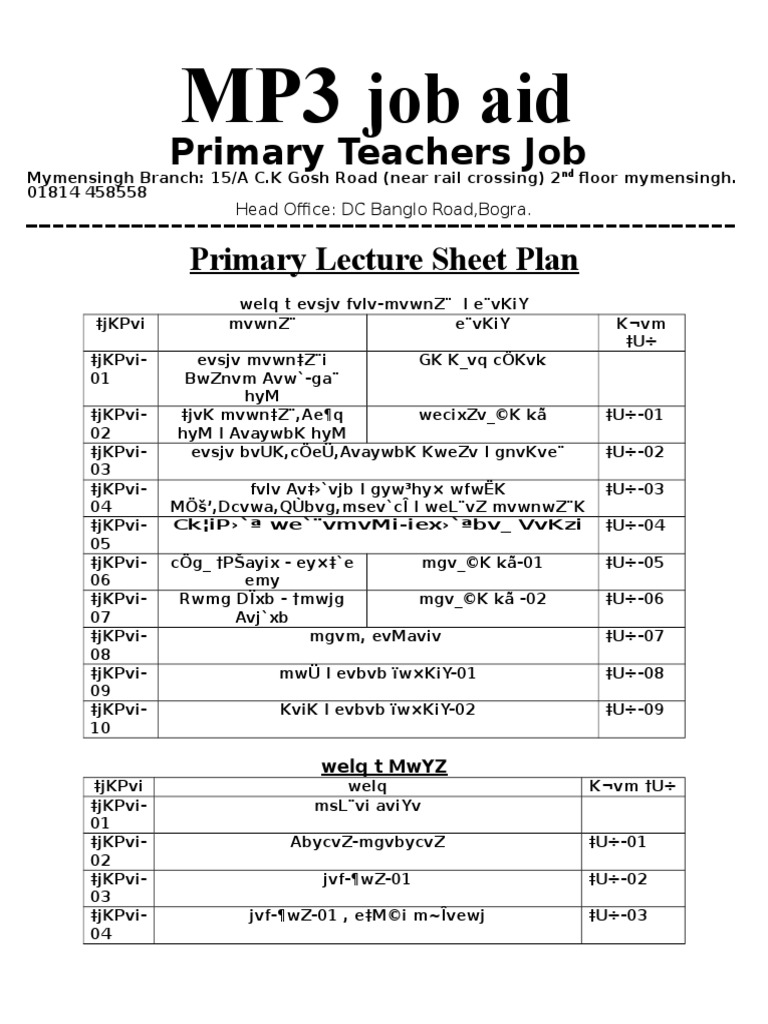 Lecture Sheet Plan (Primary) | PDF