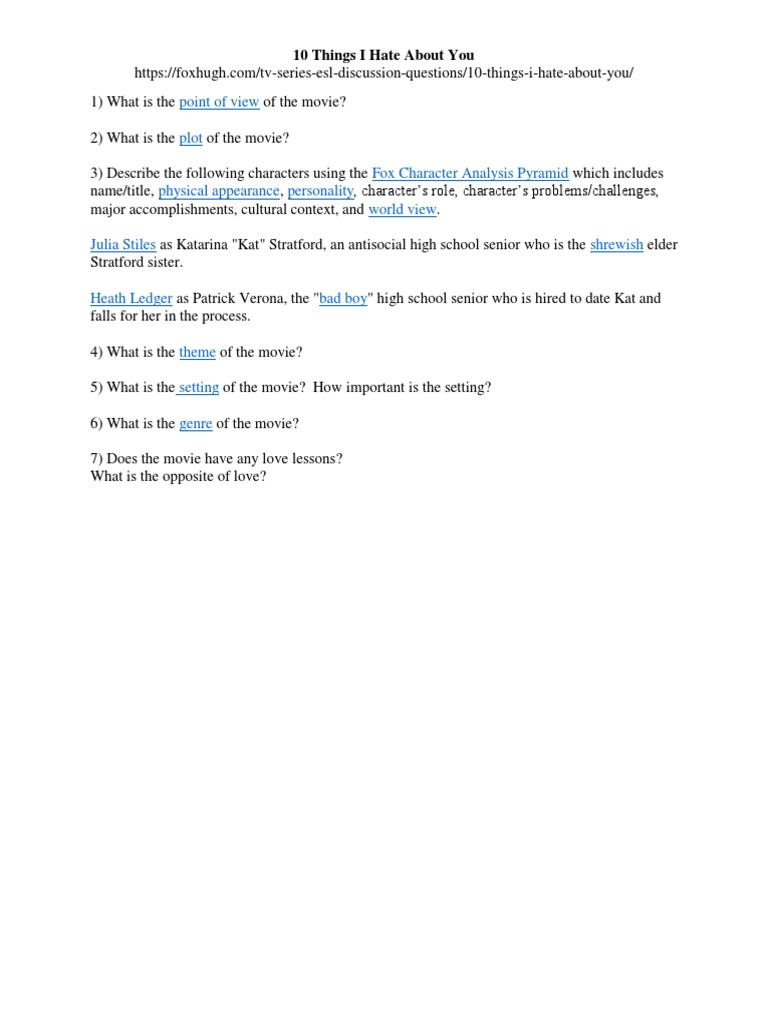 10 Things I Hate About You Worksheet | PDF