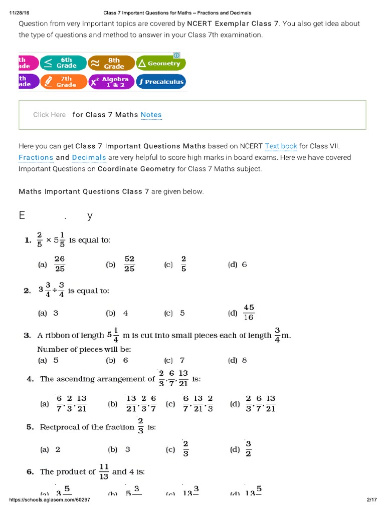 Print - Class 7 Important Questions For Maths - Fractions and Decimals ...