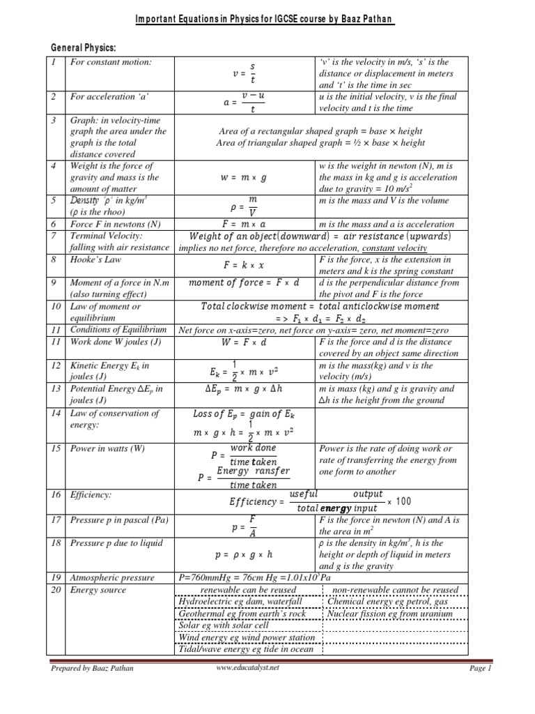 Physics Formula Sheet Igcse