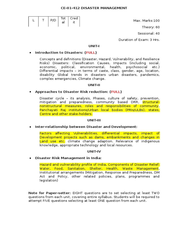 Syllabus of Disaster Management | PDF