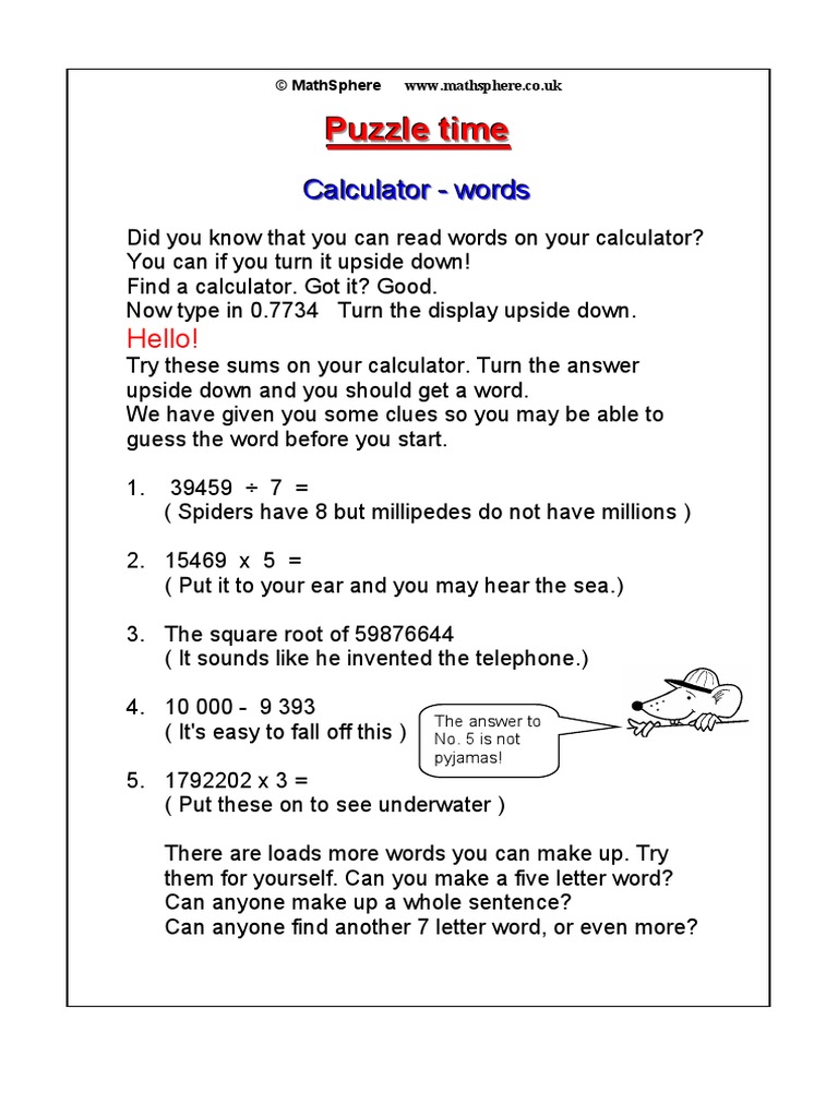 Maths Puzzle 08 Calculator Words | Download Free PDF | Leisure