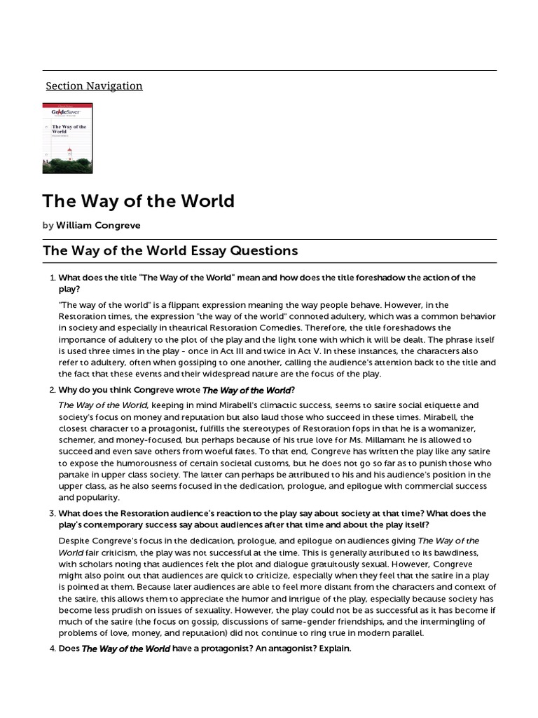 The Way of The World Essay Questions - GradeSaver | PDF | Restoration ...