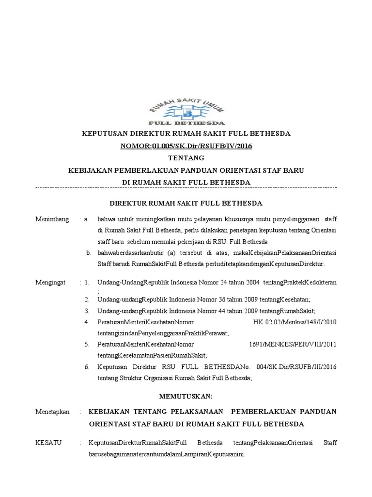 Draft SK Kebijakan Orientasi Pegawai Baru | PDF