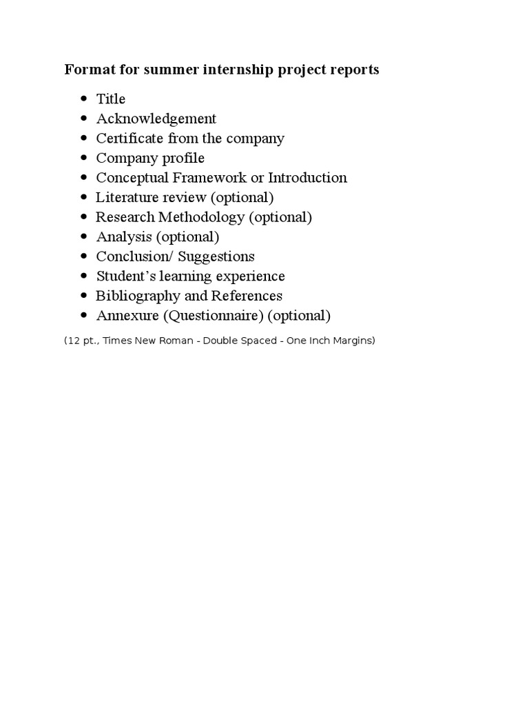 Format For Summer Internship Project Reports: (12 PT., Times New Roman ...