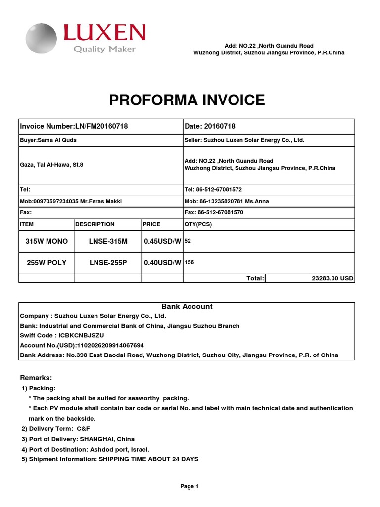 Solar panel proforma invoice from Suzhou Luxen to Sama Al Quds | PDF