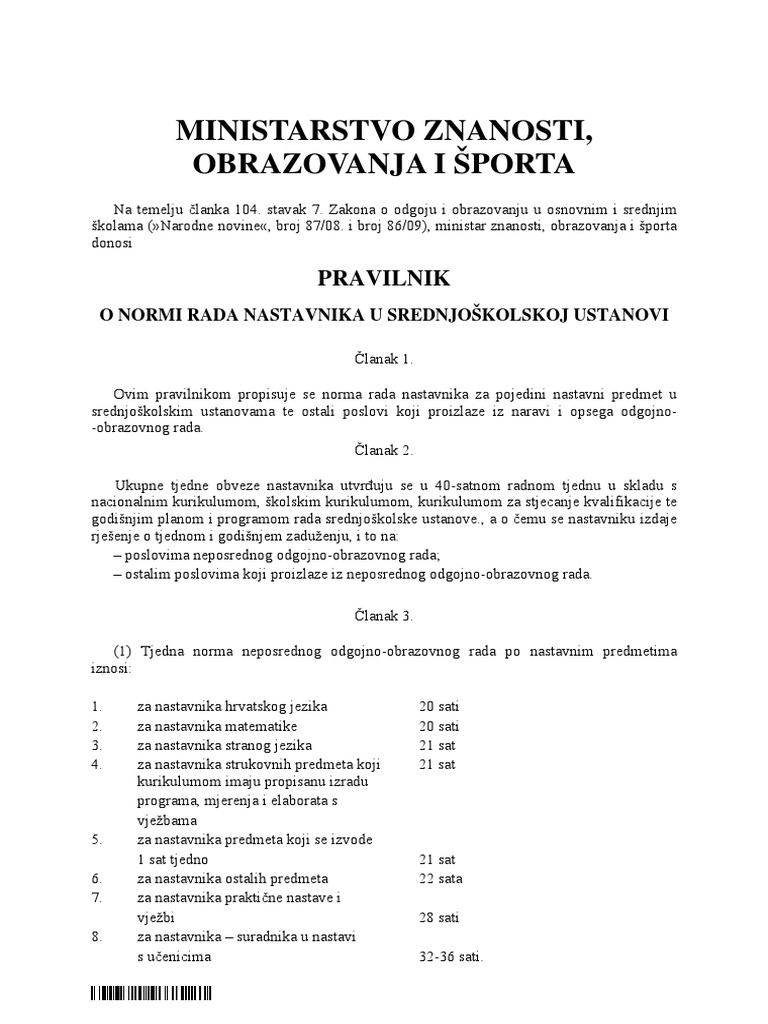 Pravilnik o Normi Rada Nastavnika U SS Ustanovi | PDF