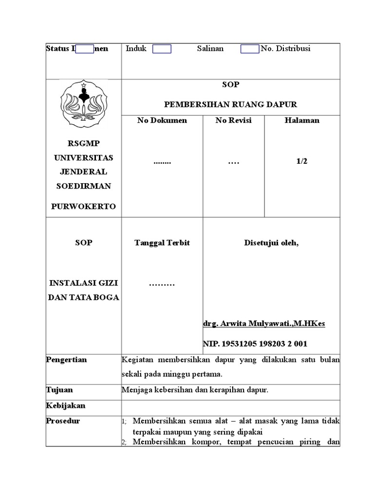 SOP Pembersihan Ruang Dapur | PDF