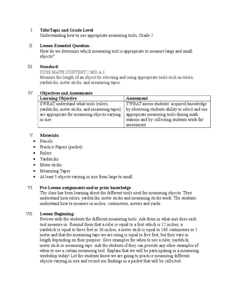 Field Experience Lesson Plan 2 | PDF | Metre | Educational Assessment