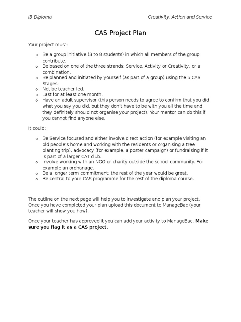 CAS Project Plan: IB Diploma Creativity, Action and Service | PDF