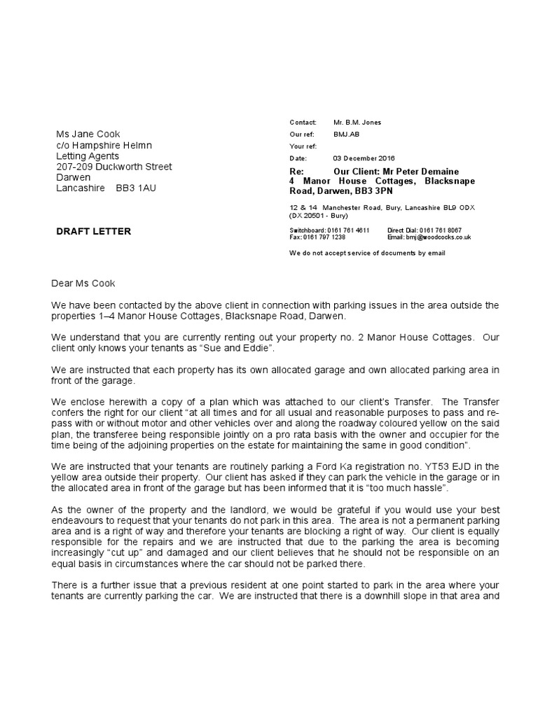 Draft Letter: Re: Our Client: MR Peter Demaine 4 Manor House Cottages ...