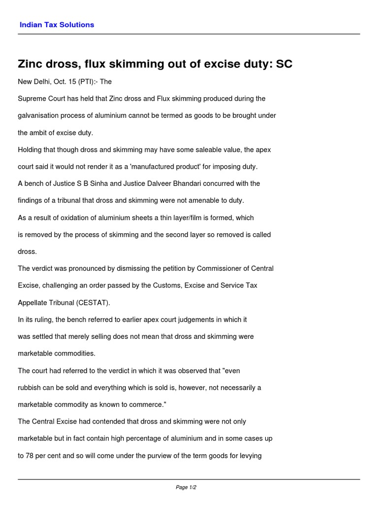 Zinc Dross, Flux Skimming Out of Excise Duty: SC: Indian Tax Solutions ...