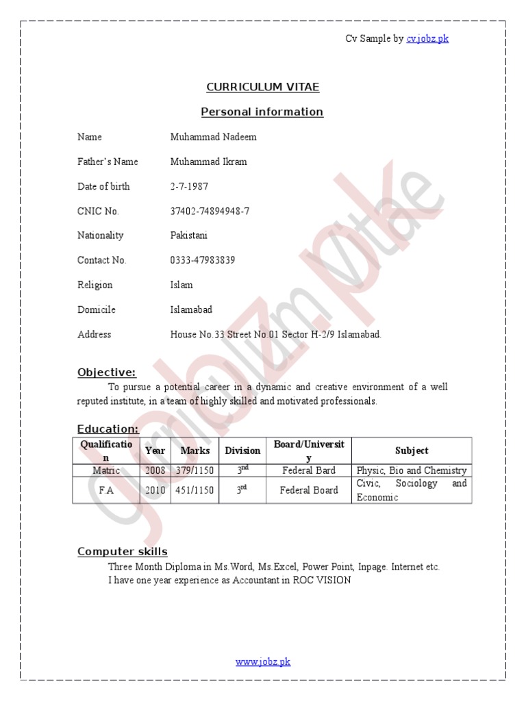Curriculum Vitae Personal Information: CV - Jobz.pk | PDF