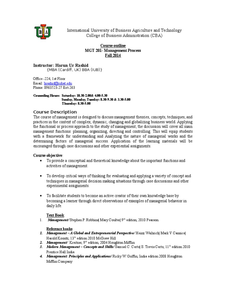 MGT 201 Course Outline | PDF