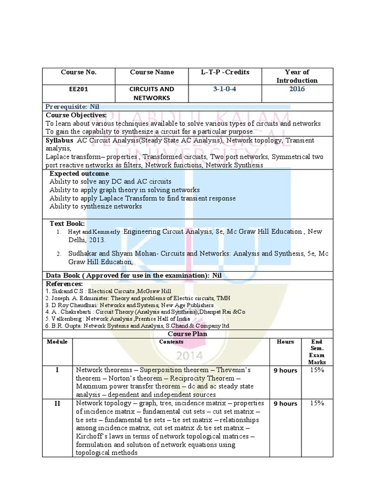 Circuits and Networks Course EE201 | PDF | Electrical Network | Electronics