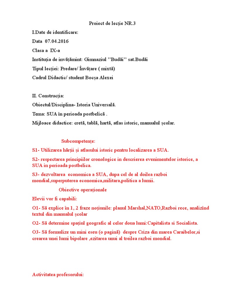 Proiect de lectie - clasa IХ -3 | PDF