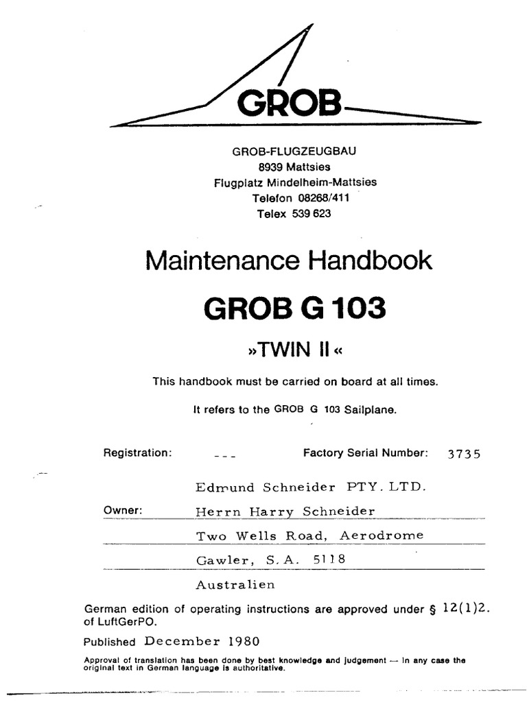 Grob G103 Maintenance Handbook | PDF