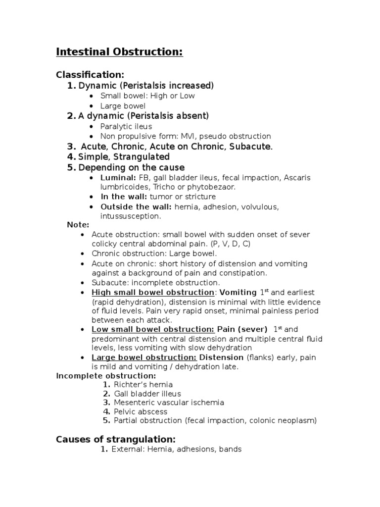 Intestinal Obstruction:: Classification: 1. Dynamic (Peristalsis ...