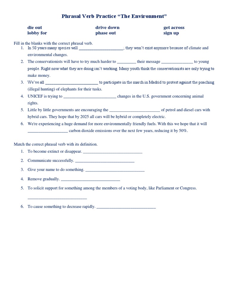 Phrasal Verb Practice About The Environment PDF | PDF | Social Science
