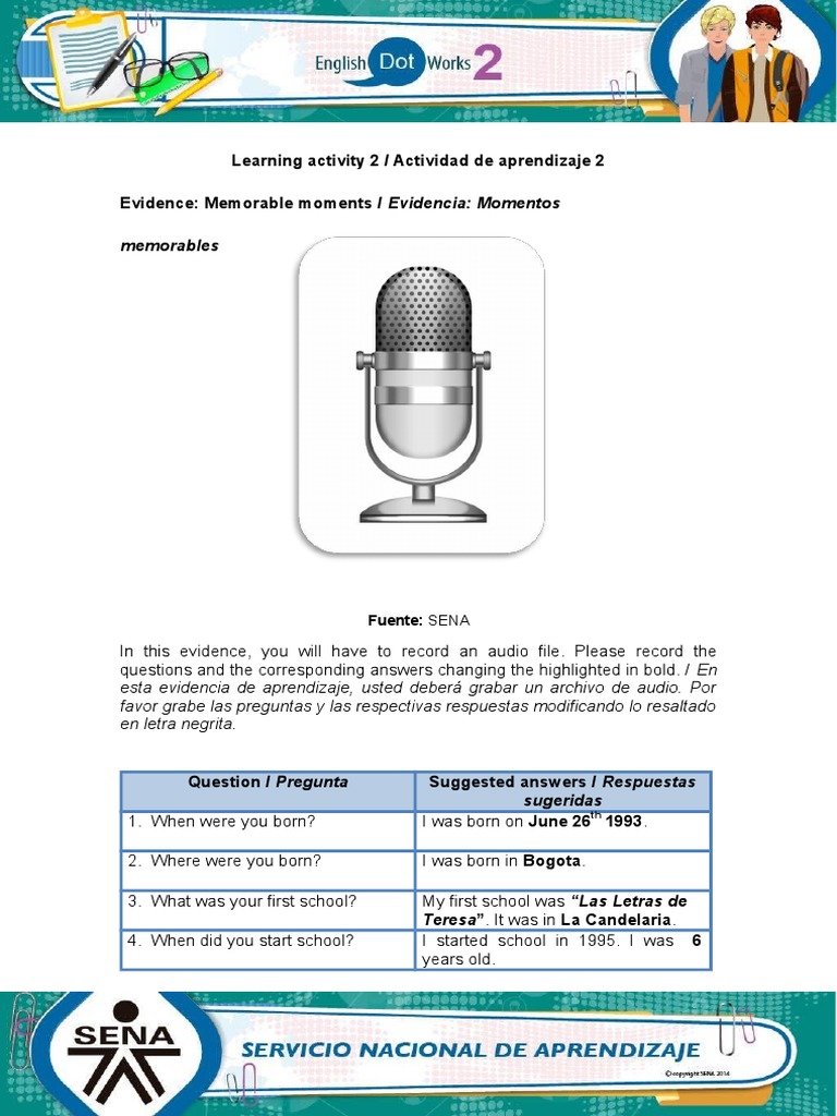 Learning Activity 2 / Actividad de Aprendizaje 2 Evidence: Memorable Moments / Evidencia ...