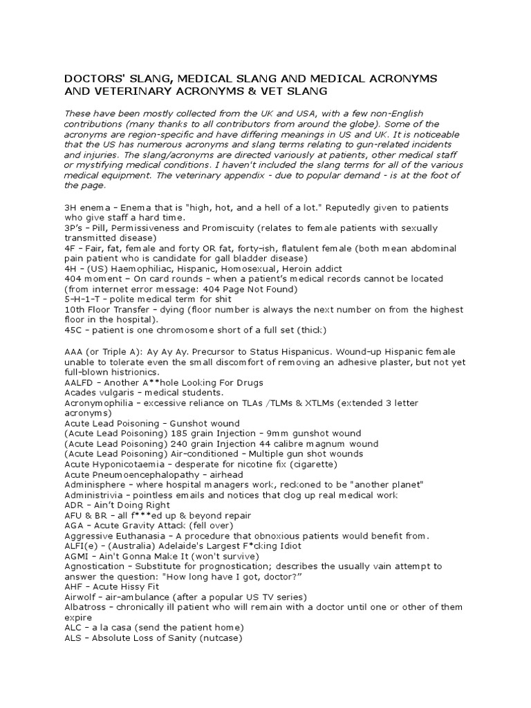 Doctors' Slang, Medical Slang and Medical Acronyms and Veterinary ...