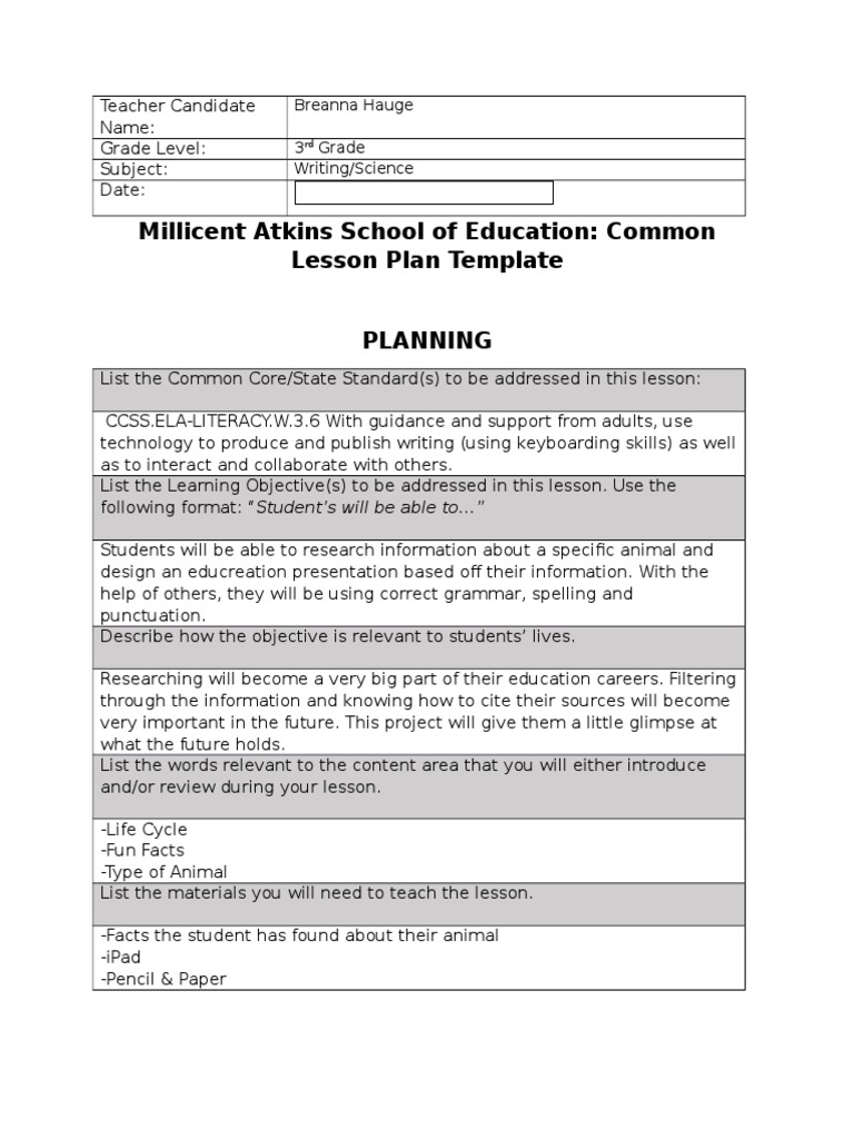 Common Lesson Plan Template for 3rd Grade | PDF | Lesson Plan ...