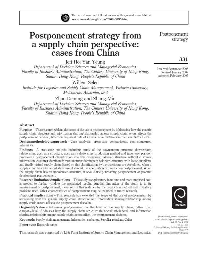 Postponement Strategy From A Supply Chain Perspective | PDF | Supply ...