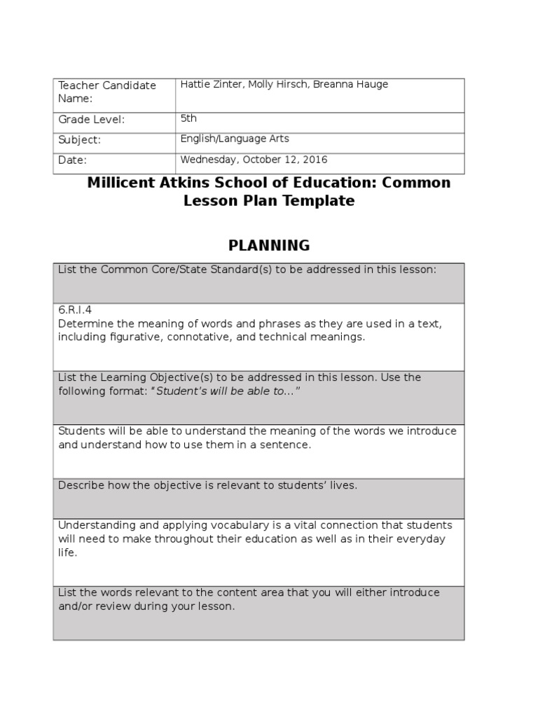 Millicent Atkins School of Education: Common Lesson Plan Template ...