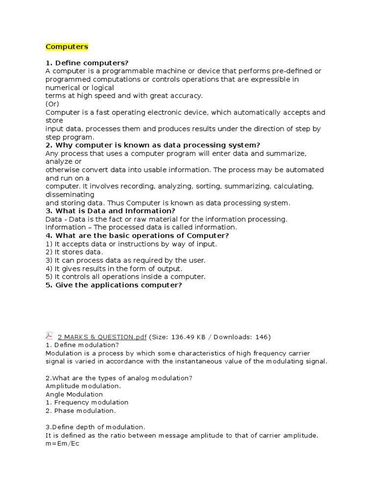 Computers 1. Define Computers?: 2 Marks & Question PDF | Download Free ...